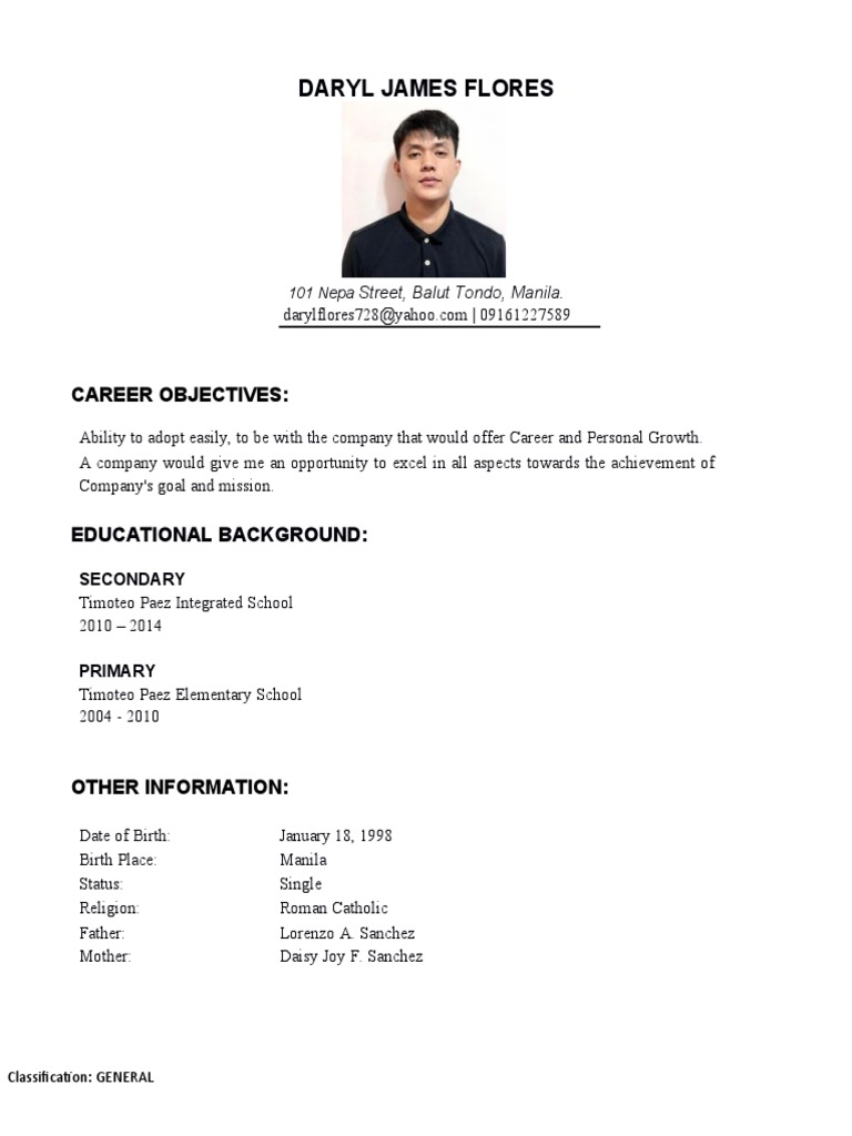 Daryl James Flores: Career Objectives | PDF