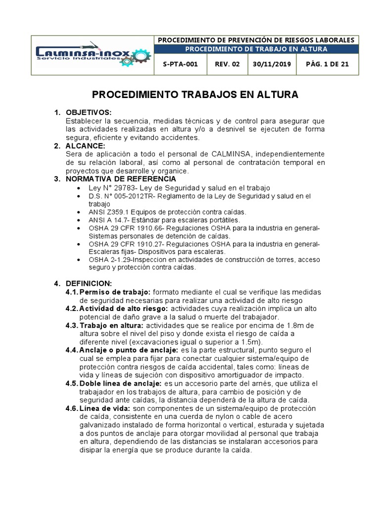 02 Procedimiento en Altura Rev-2 | Descargar gratis PDF | Administración de Seguridad y Salud ...