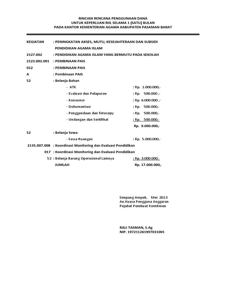 Rincian Rencana Penggunaan Dana | PDF