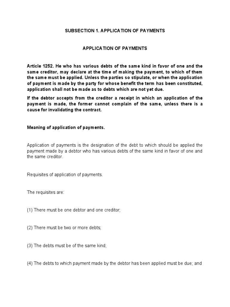 Application of Payments, Consignation, Cession, Tender of Payment | PDF ...