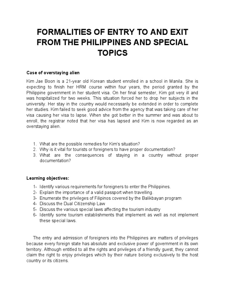 Formalities of Entry To and Exit From The Philippines and Special Topics | PDF | Travel Visa ...