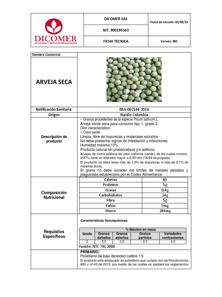 Ficha Tecnica Arveja Verde Dicomer | PDF | Alimentos | Contaminación