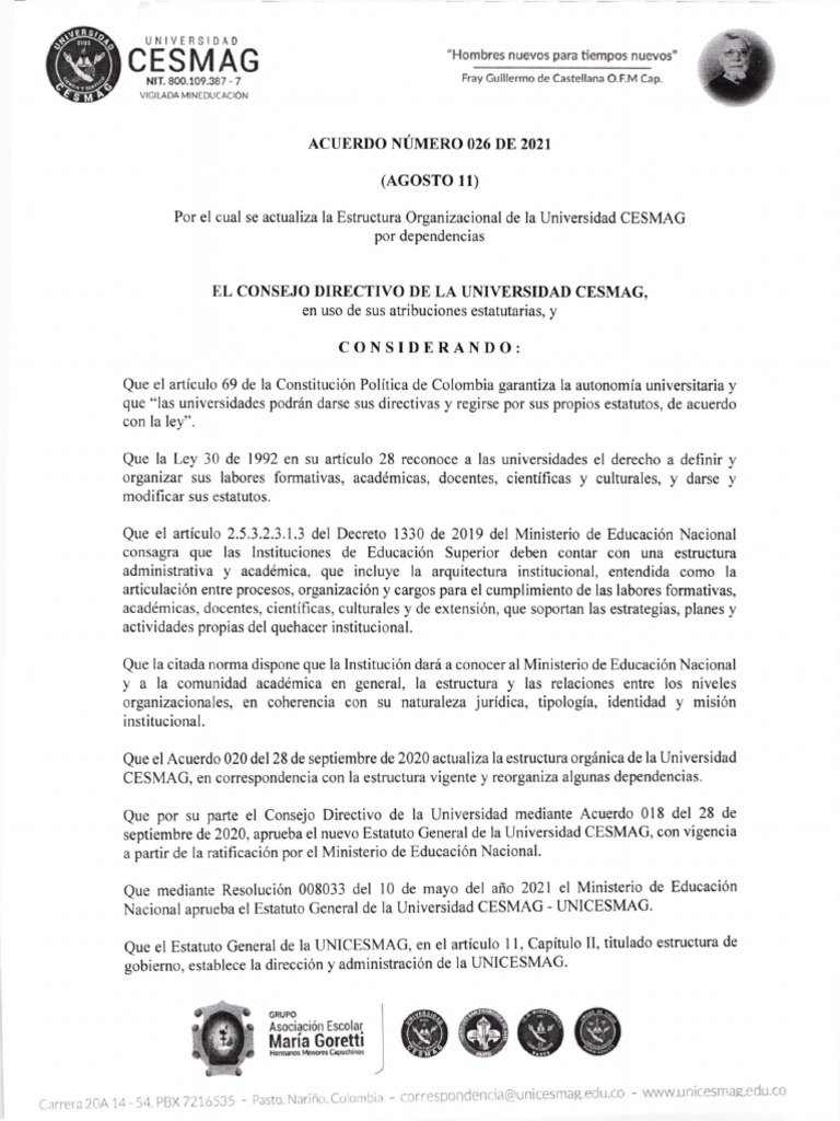 Acuerdo 026 de 2021 Estructura Organizacional Universidad CESMAG Dependencias | PDF | Universidad