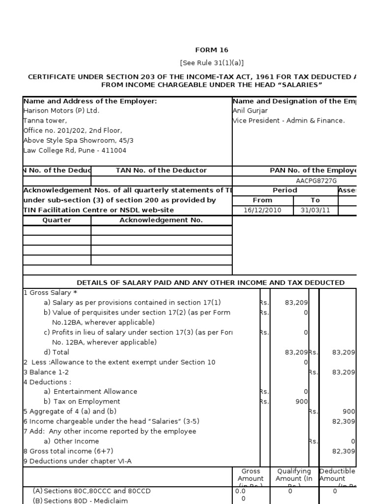 Form 16 | PDF | Employee Benefits | Tax Deduction