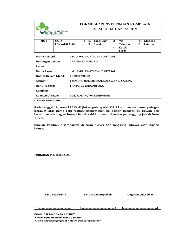 Formulir Penyelesaian Komplain | PDF