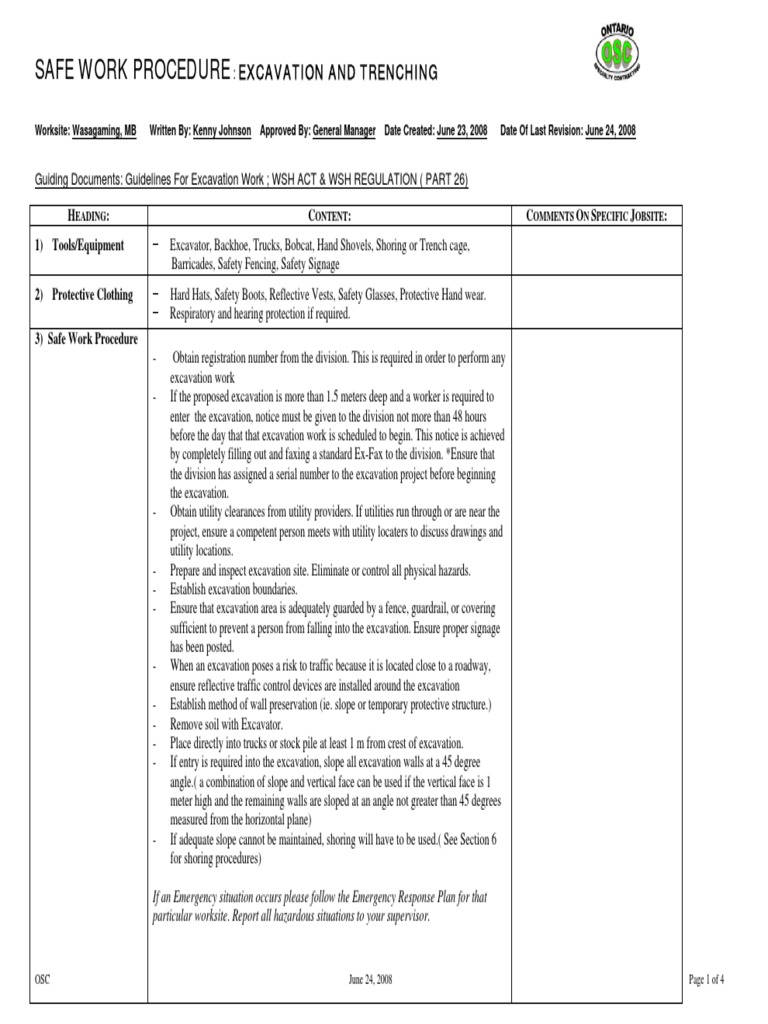 Excavation and Trenching Safe Work Procedure | PDF | Trench | Personal ... Excavation and Trenching Safe Work Procedure | PDF | Trench | Personal ...