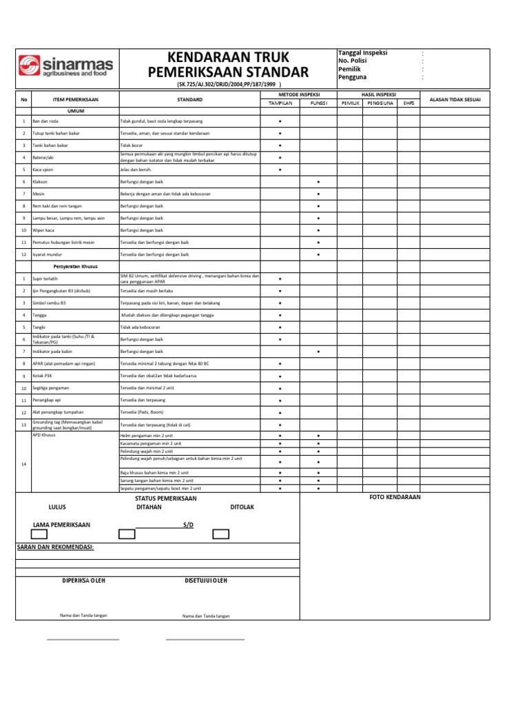Checklist Inspeksi Truk Operasional | PDF