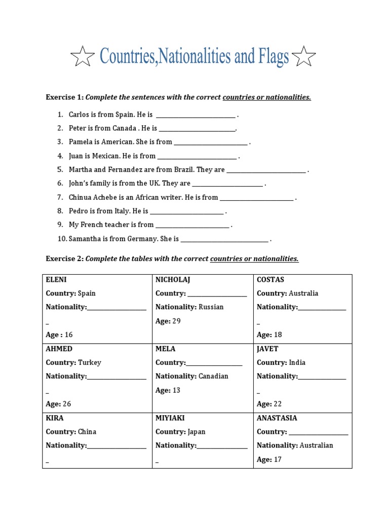Countries and Nationalities Exercises | PDF