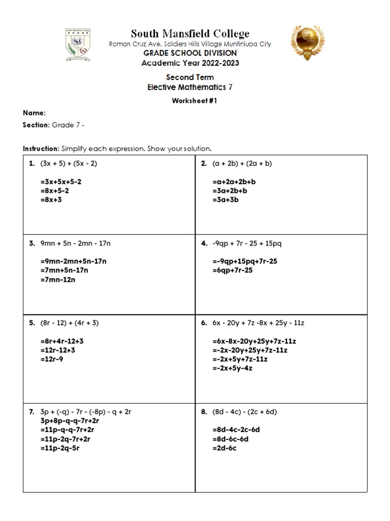Worksheet #1 - Linear Expressions | PDF