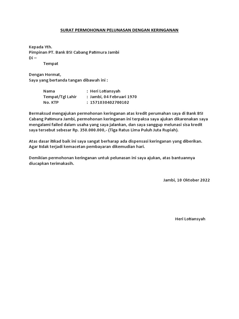 Surat Permohonan Pelunasan Dengan Keringanan | PDF Surat Permohonan Pelunasan Dengan Keringanan | PDF