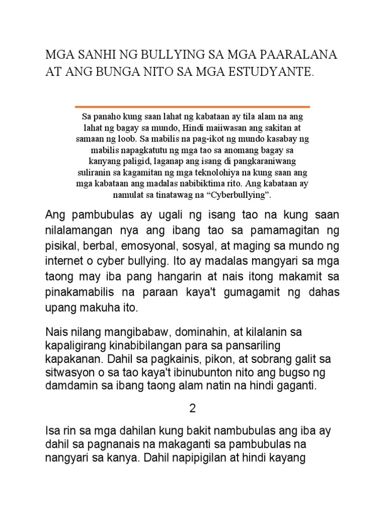 MGA SANHI NG BULLYING SA MGA PAARALANA AT ANG BUNGA NITO SA MGA ESTUDYANTE Complete | PDF