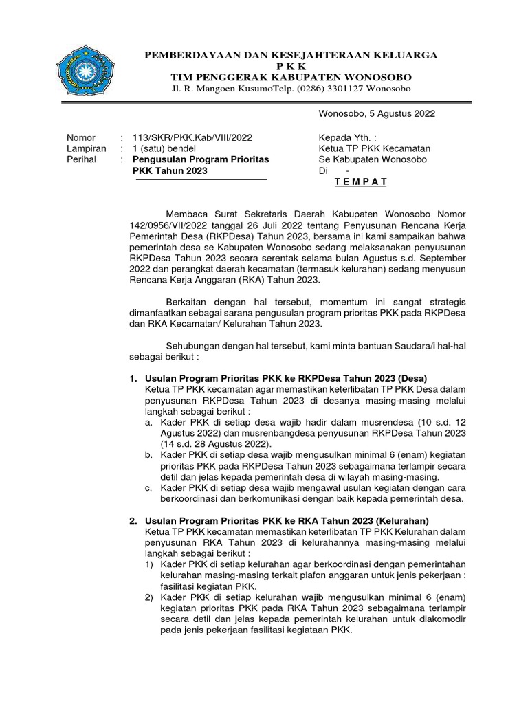 Surat Usulan Kegiatan PKK Dalam Penyusunan RKP Desa 2023 - Fix | PDF