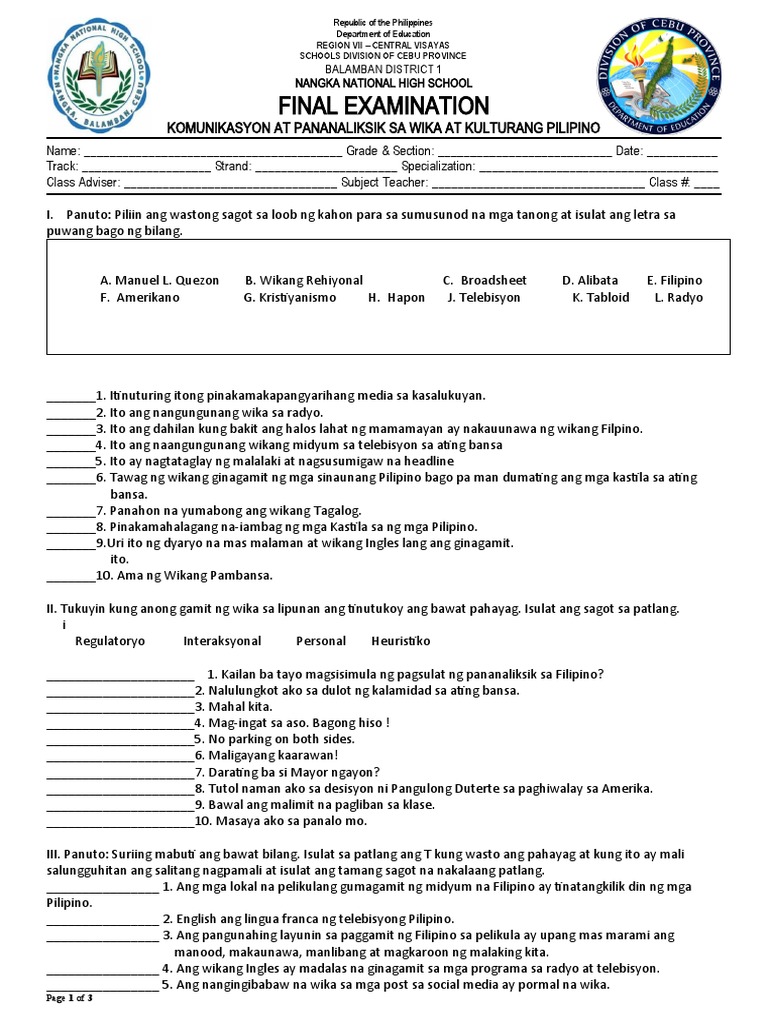 TQ Komunikasyon Final Exam | PDF