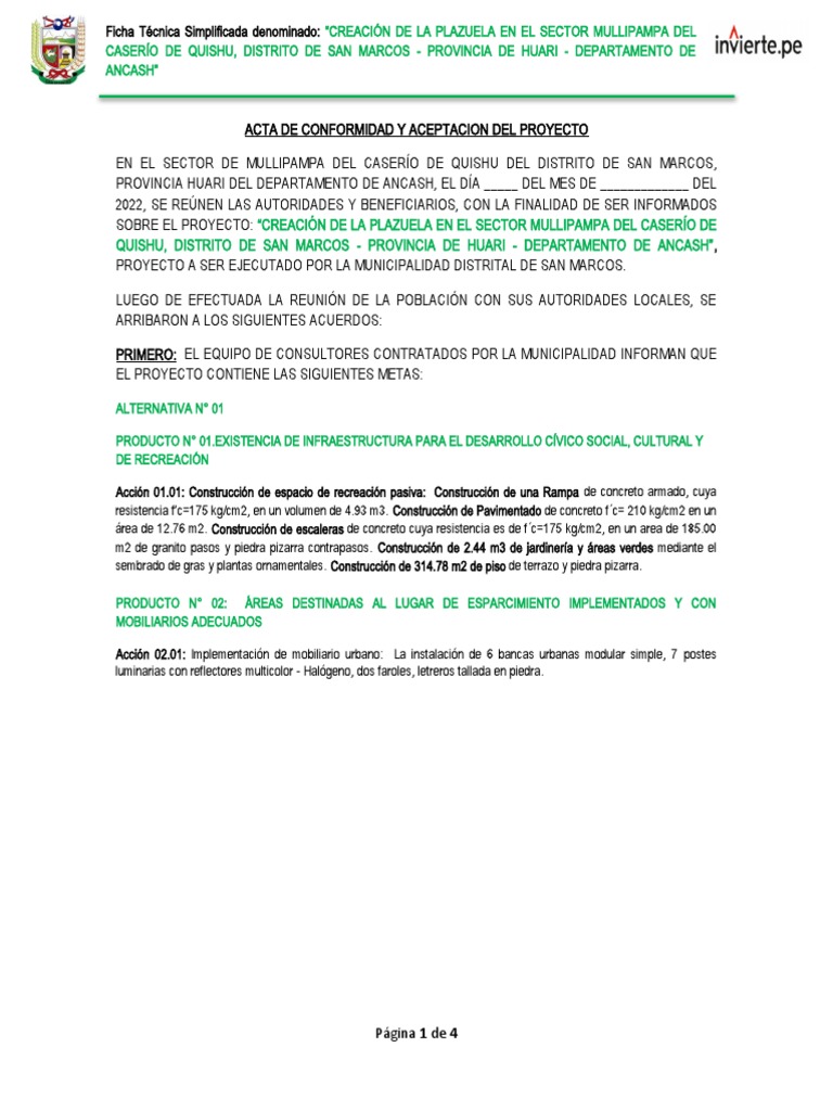 Acta de Aceptacion de Proyecto - Mullipampa | Descargar gratis PDF | Sectores Economicos