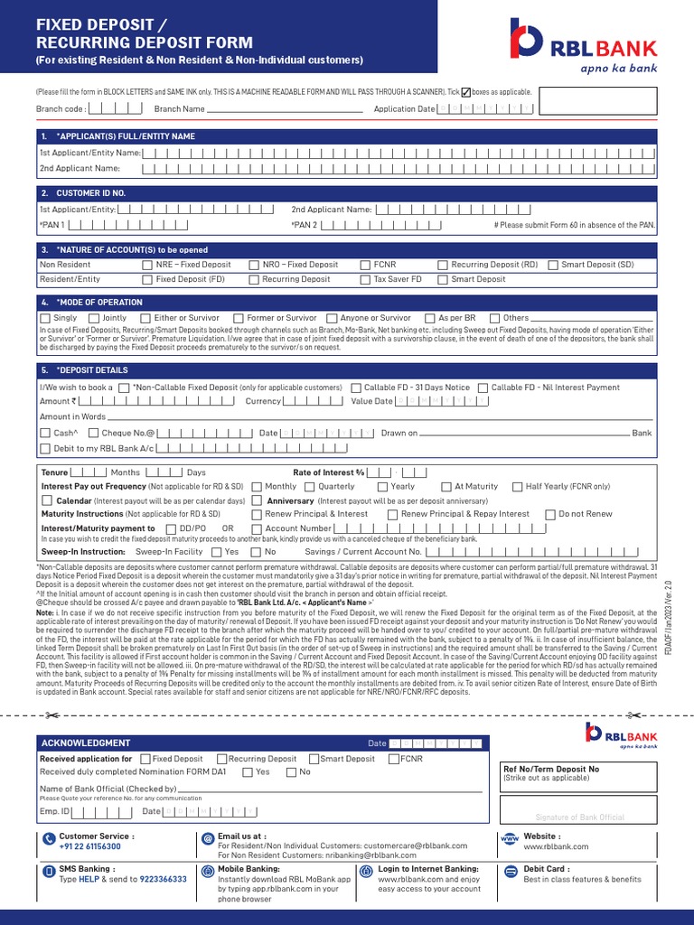 FIXED DEPOSIT AND RECURRING DEPOSIT FORM | PDF | Financial Services | Banking