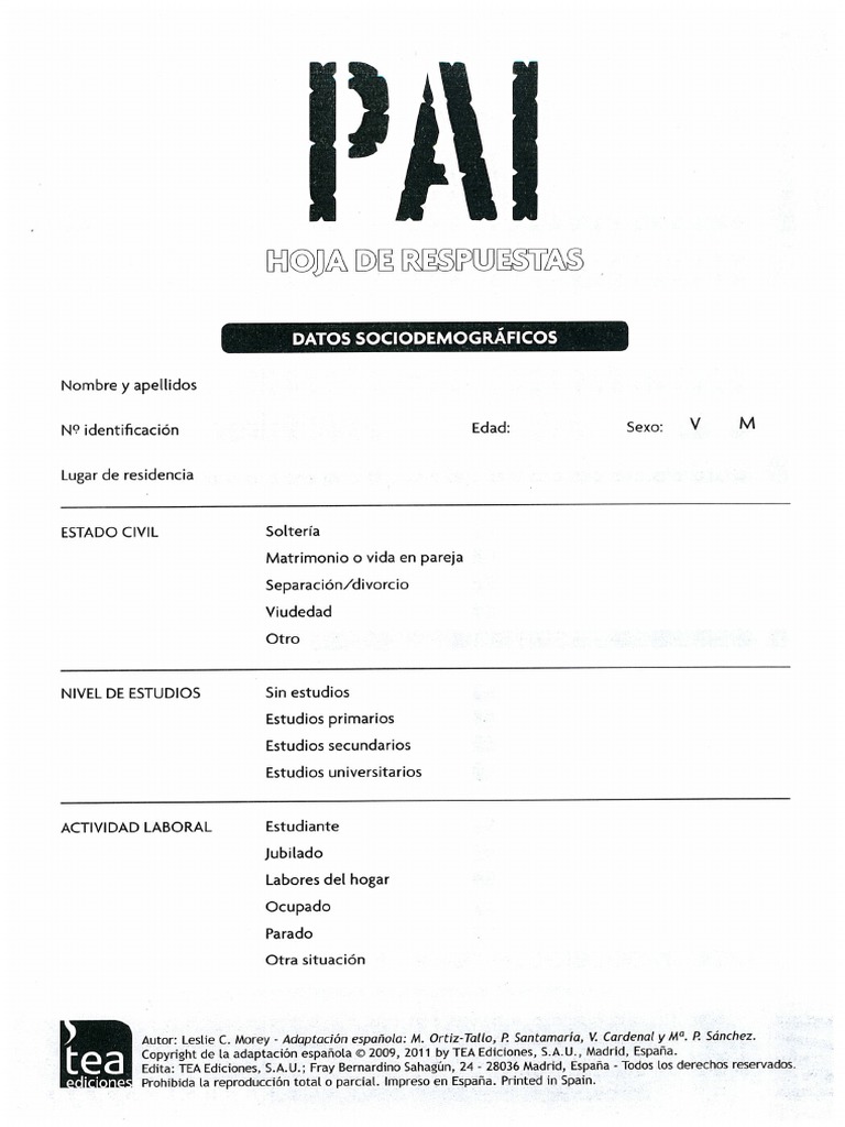 Plantilla Hoja Respuestas PAI 09 | PDF