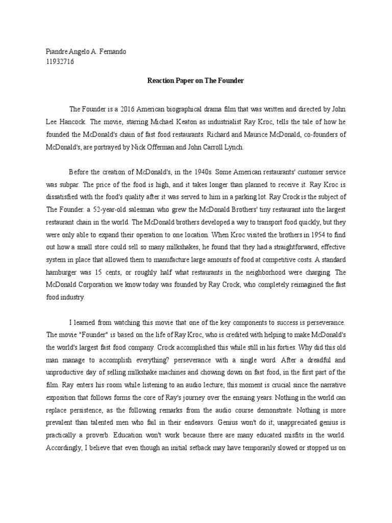 Reaction Paper For The Founder | PDF | Franchising