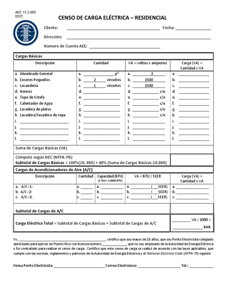 Censo de Carga Eléctrica Residencial Aee 15.2-965 | PDF | Bienes ...
