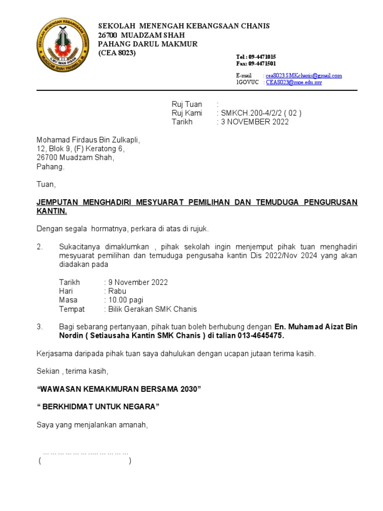 Surat Jemputan Temuduga Tender Kantin 2022 | PDF