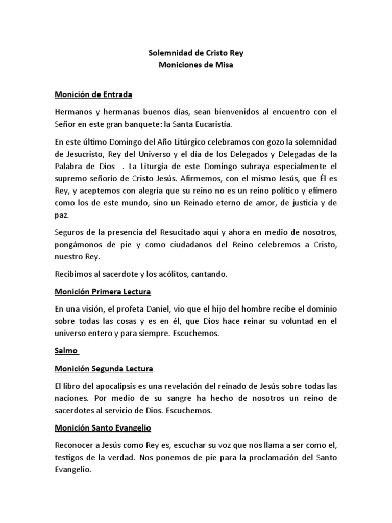 Monicion Solemnidad de Cristo Rey | Descargar gratis PDF | Misa ...