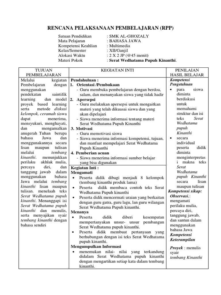 RPP Bahasa Jawa Xii 20222023 | PDF