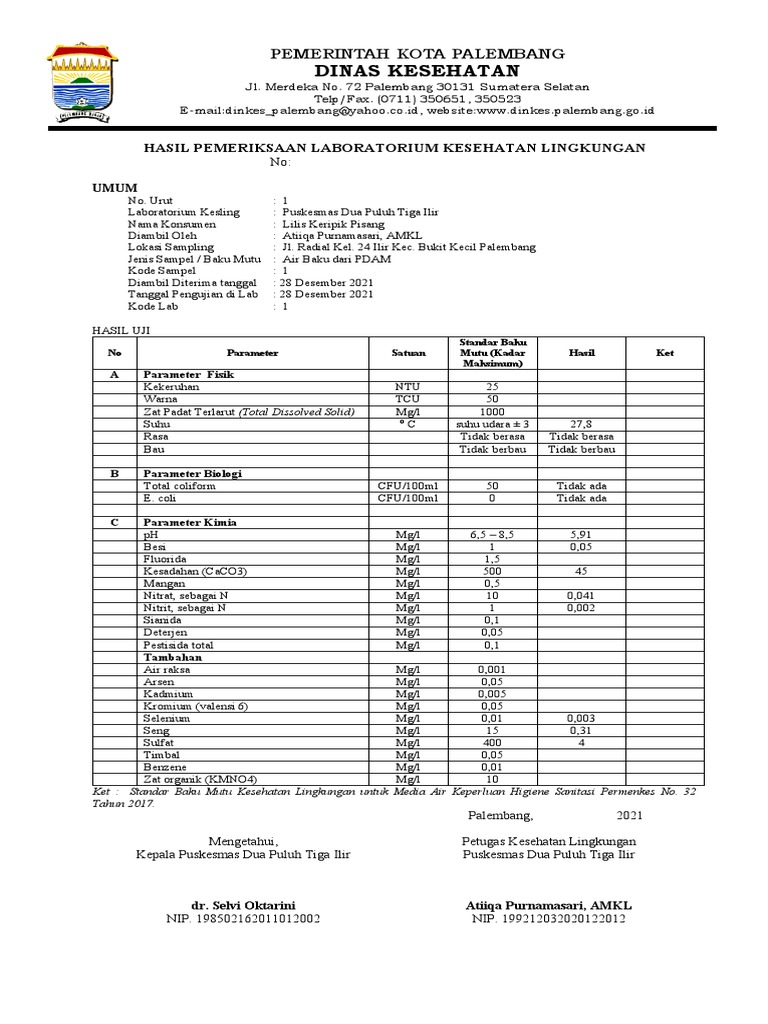 Form Hasil Pemeriksaan Laboratorium Sample Air IRTP | PDF