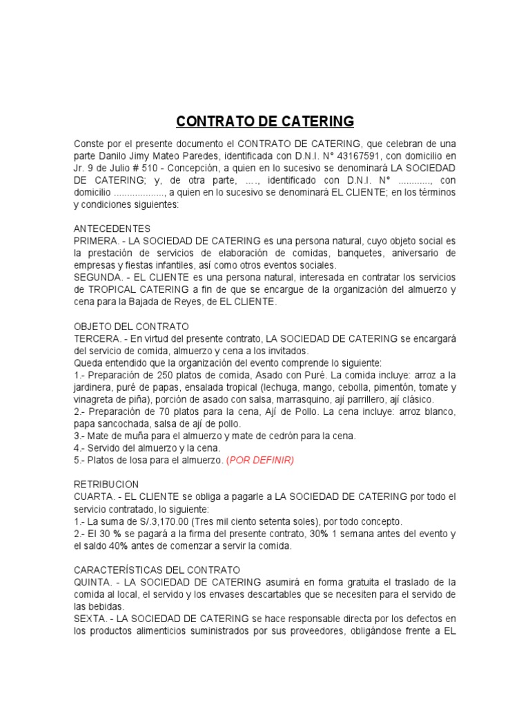 Modelo Contrato Catering | PDF | Arbitraje | Alimentos