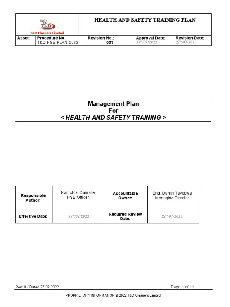 TD-HSE-PLAN-0063 Health and Safety Training Plan | PDF | Occupational ...