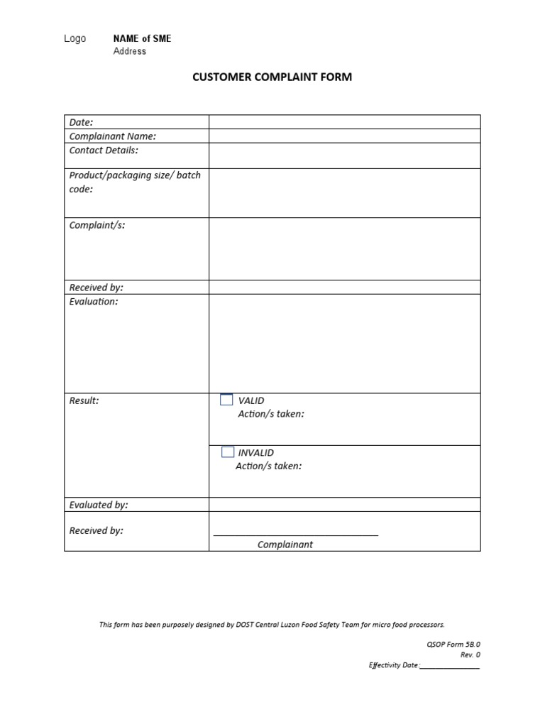 QSOP 5B - Customer Complaint Form | PDF