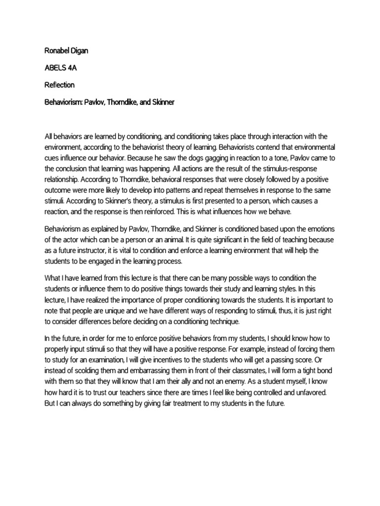 Reflection Paper On Different Theories | PDF | Learning | Behaviorism