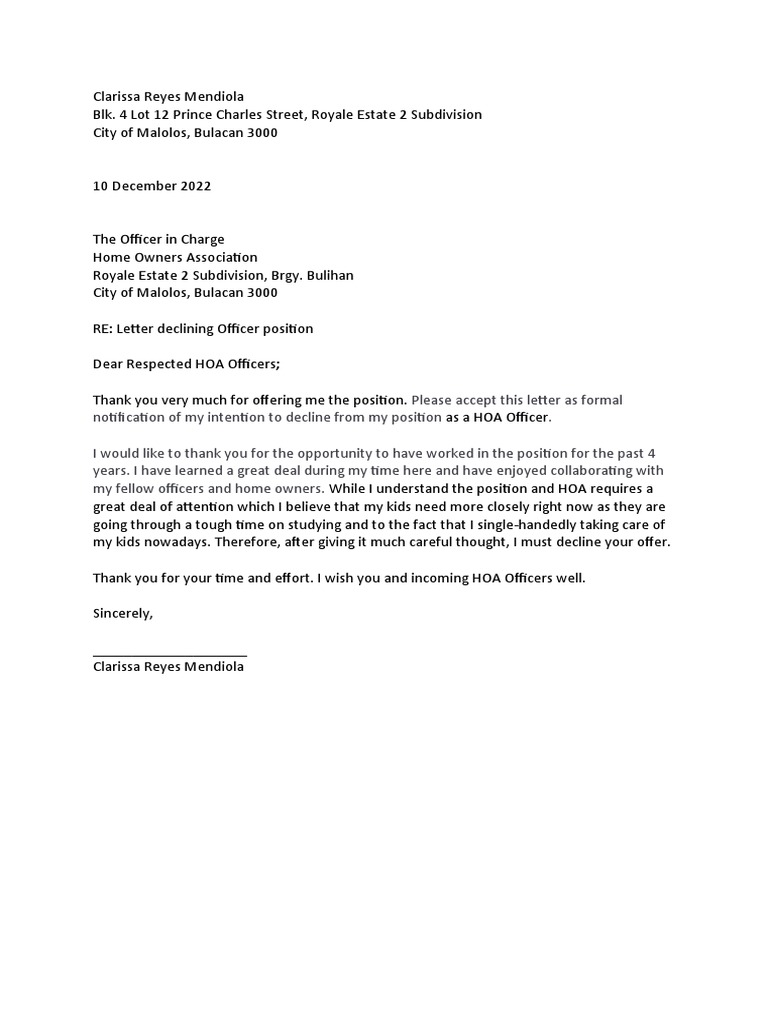 Letter Declining Position | PDF