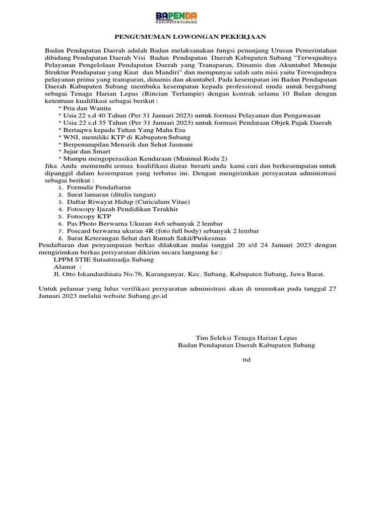 Persyaratan Dan Formulir THL Bapenda 2023 | PDF