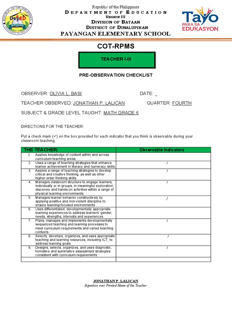 Cot-Rpms: Payangan Elementary School | PDF | Teaching Method | Curriculum
