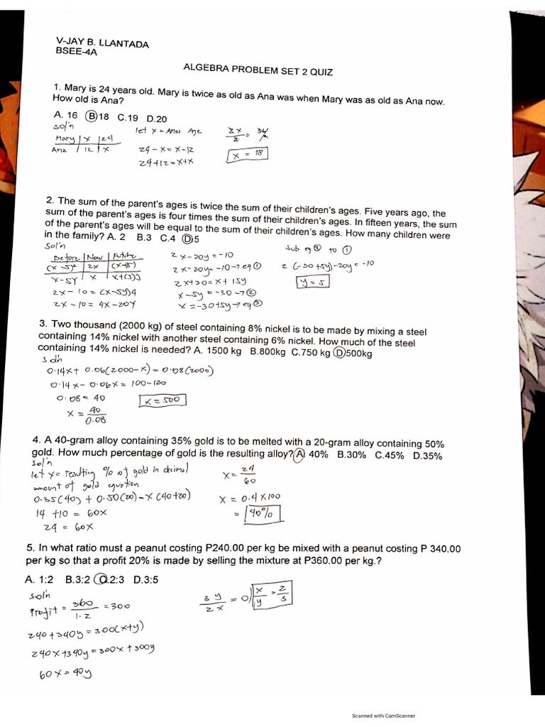 Algebra PS Set 2 Quiz | PDF