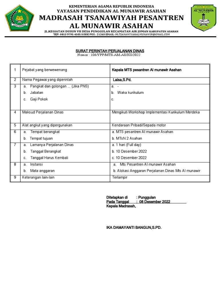 Format SPPD Surat Perintah Perjalanan Dinas Sekolah | PDF
