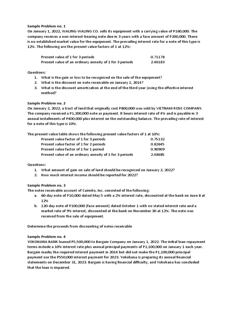 Sample Problem - Notes Receivable and Loan Impairment | PDF | Present ...