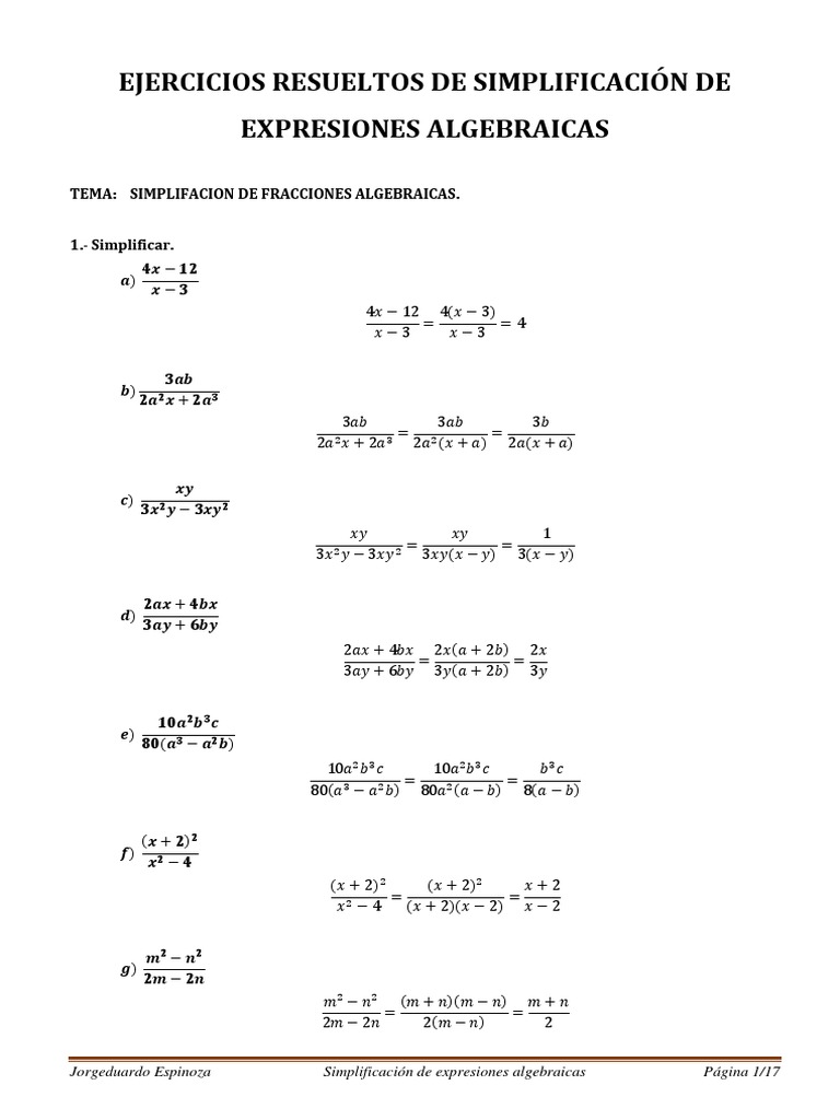 Ejercicios Resueltos de Expresiones Algebraicas | PDF