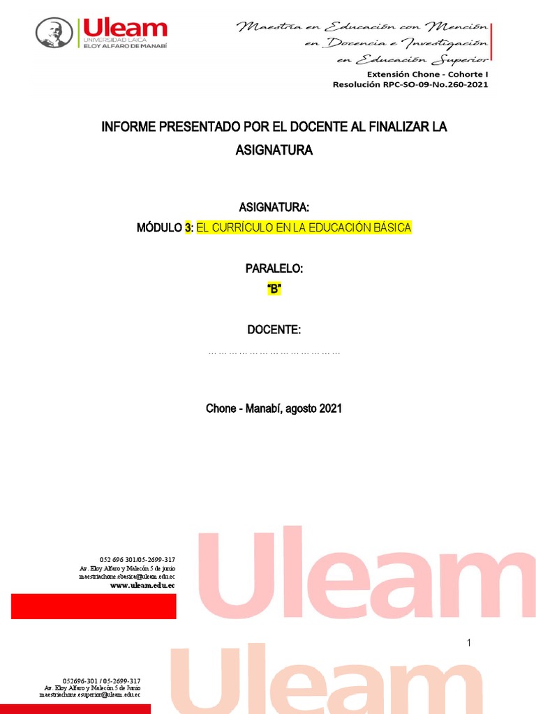 Informe Final de La Asignatura (Modelo) | PDF | Plan de estudios | Evaluación