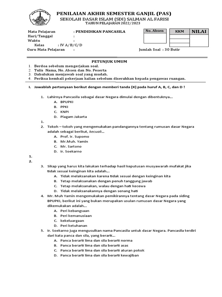 PENILAIAN AKHIR SEMESTER GANJIL Kelas 4 | PDF
