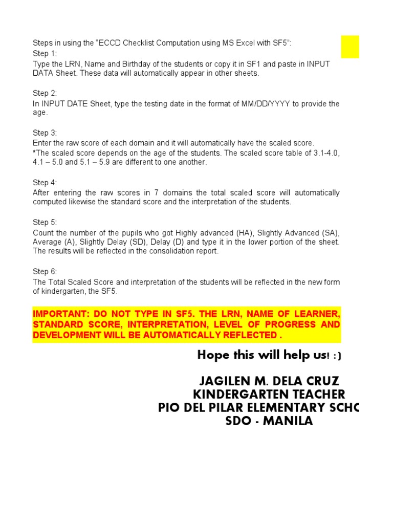 Instructions for Using the ECCD Checklist Computation in Microsoft ...