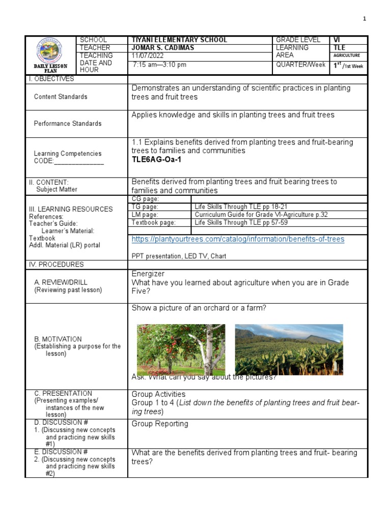 Grade 6 TLE Agriculture Lesson Plan | PDF | Learning | Teachers