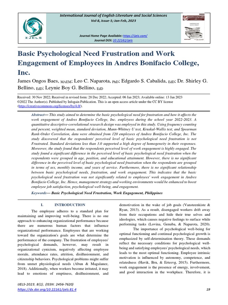 Basic Psychological Need Frustration and Work Engagement of Employees ...