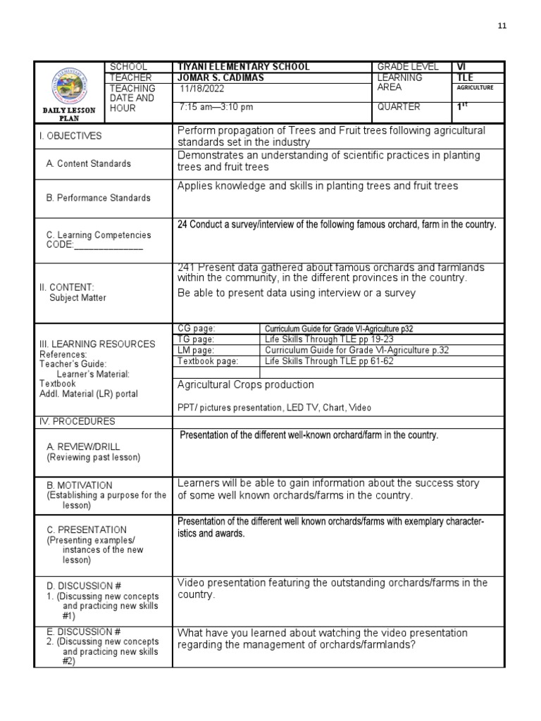 Grade 6 Agriculture Lesson Plan | PDF | Learning | Teaching Method