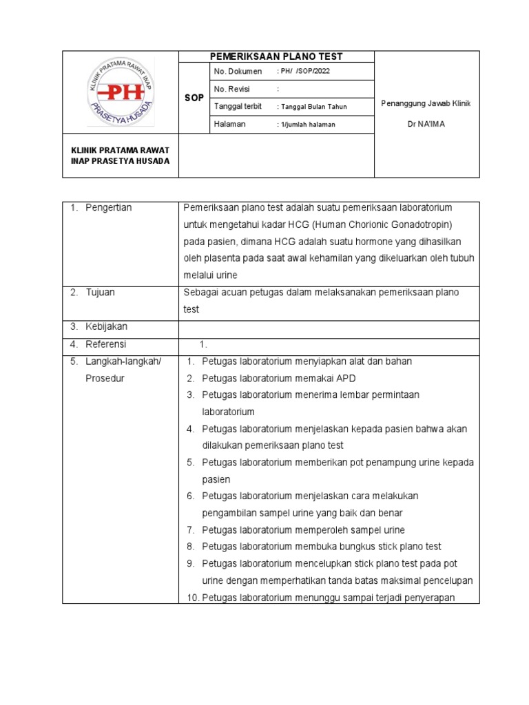 Prosedur Pemeriksaan Plano Test HCG | PDF