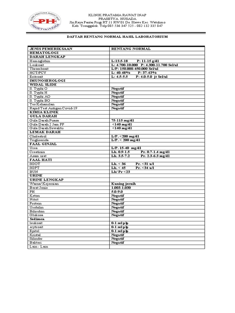 Daftar Rentang Nilai Normal Laboratorium Klinik Prasetya Husada | PDF
