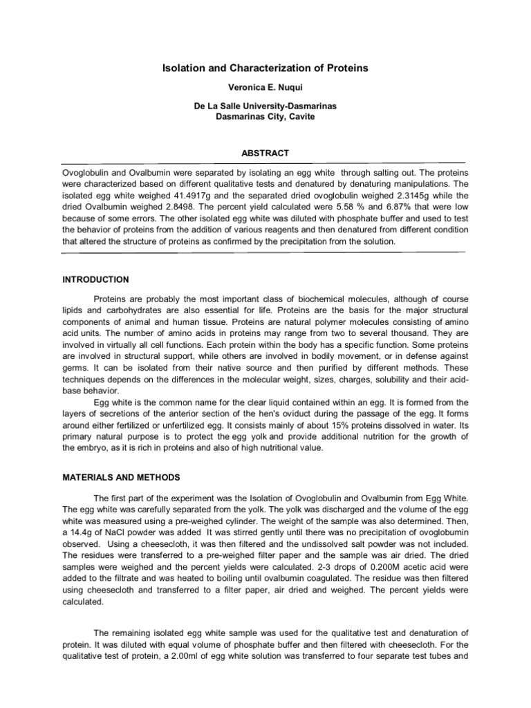Isolation and Characterization of Proteins | PDF | Egg White | Proteins