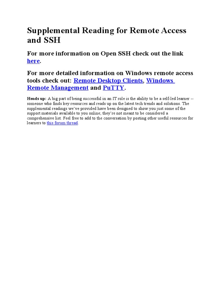 Supplemental Reading For Remote Access and SSH | PDF