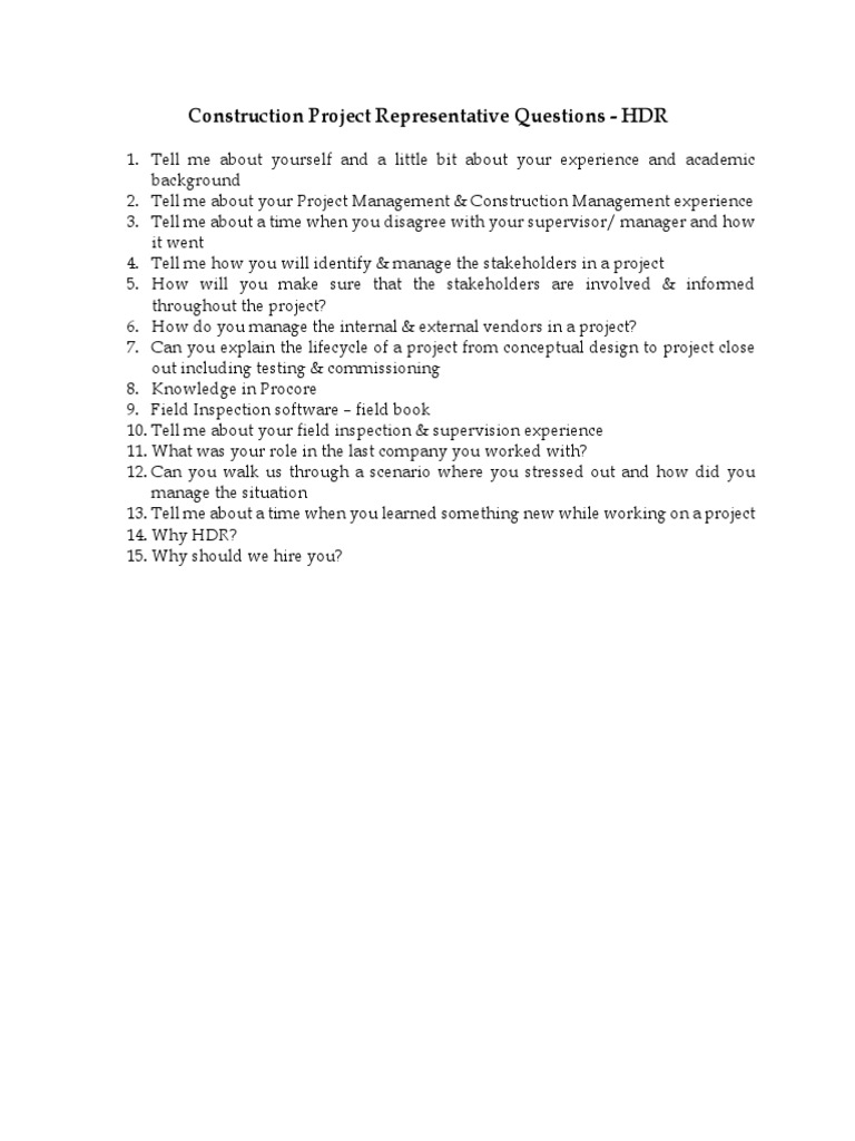 Construction Project Representative Questions | PDF