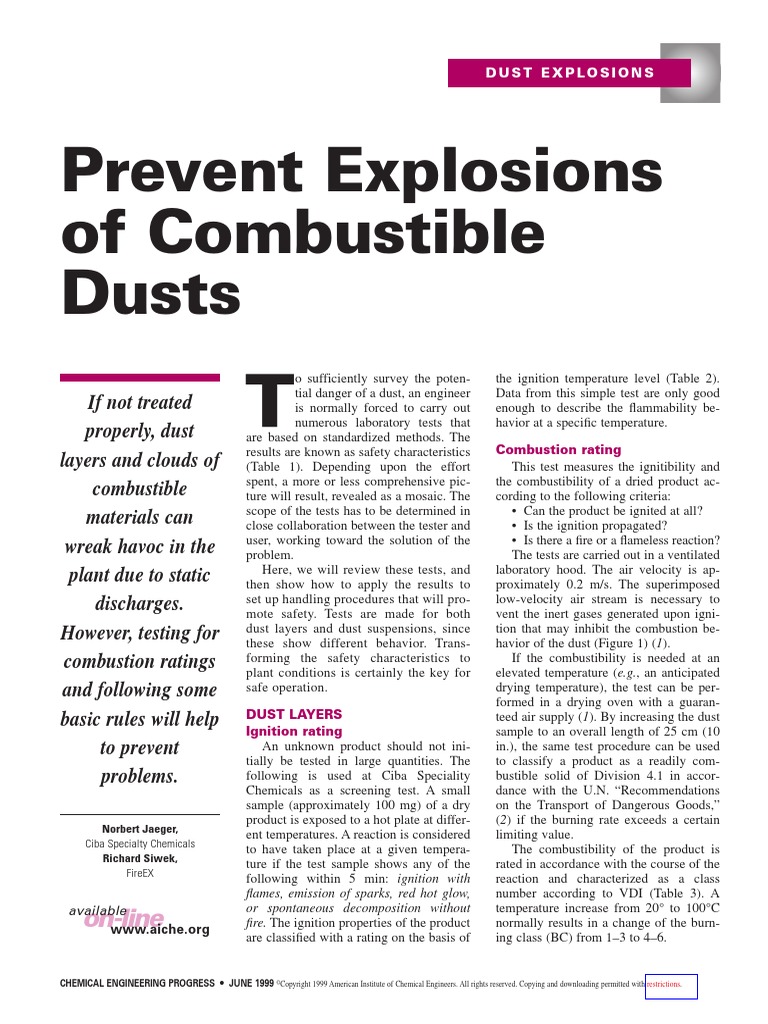 1999 Prevent Explosions of Combustible Dusts | PDF