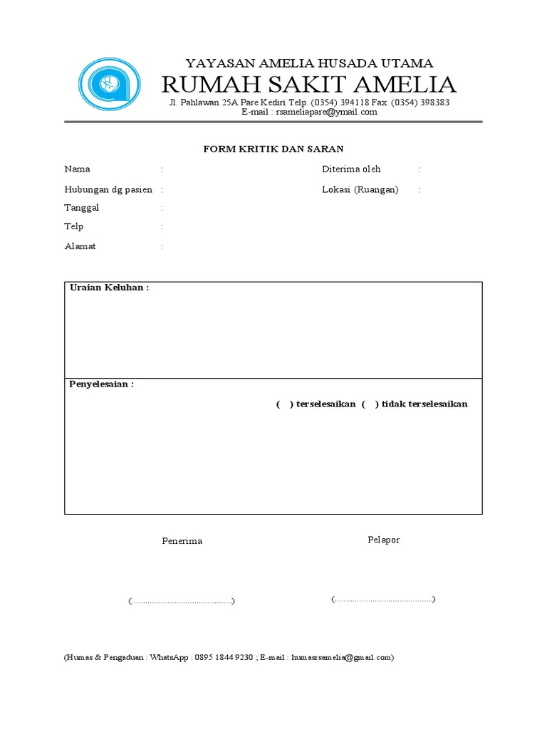 Form Kritik & Saran RS Amelia | PDF